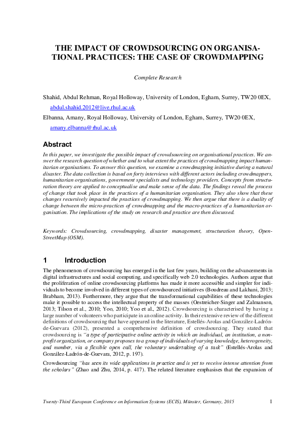 (PDF) The Impact of Crowdsourcing on Organisational Practices: The Case of Crowdmapping | Amany ...