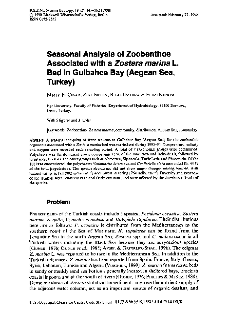 (PDF) Seasonal Analysis of Zoobenthos Associated with a Zostera marina L. Bed in Gulbahce Bay ...