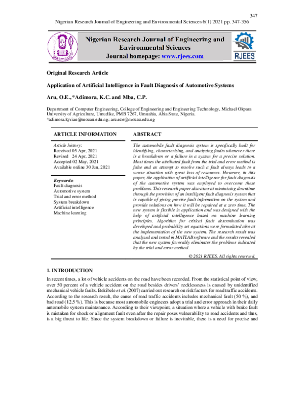 (PDF) Application of Artificial Intelligence in Fault Diagnosis of Automotive Systems