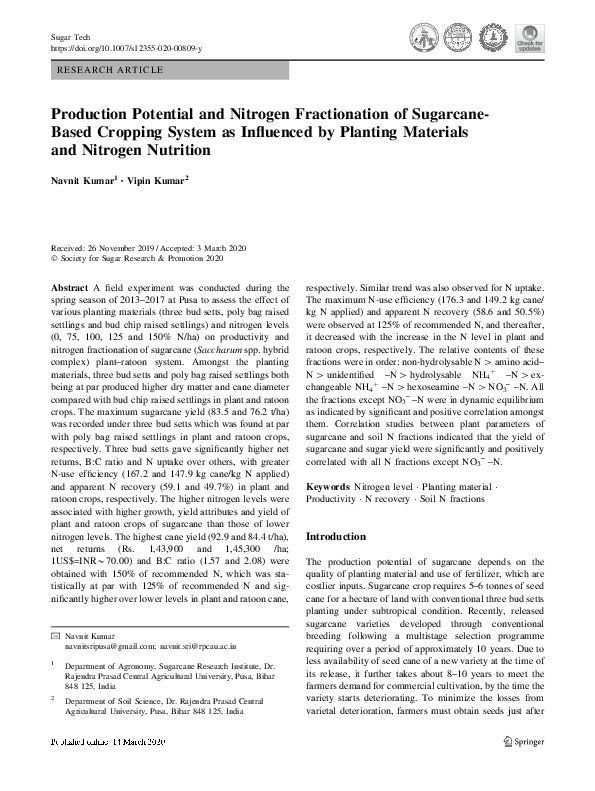 Pdf Production Potential And Nitrogen Fractionation Of Sugarcane Based Cropping System As
