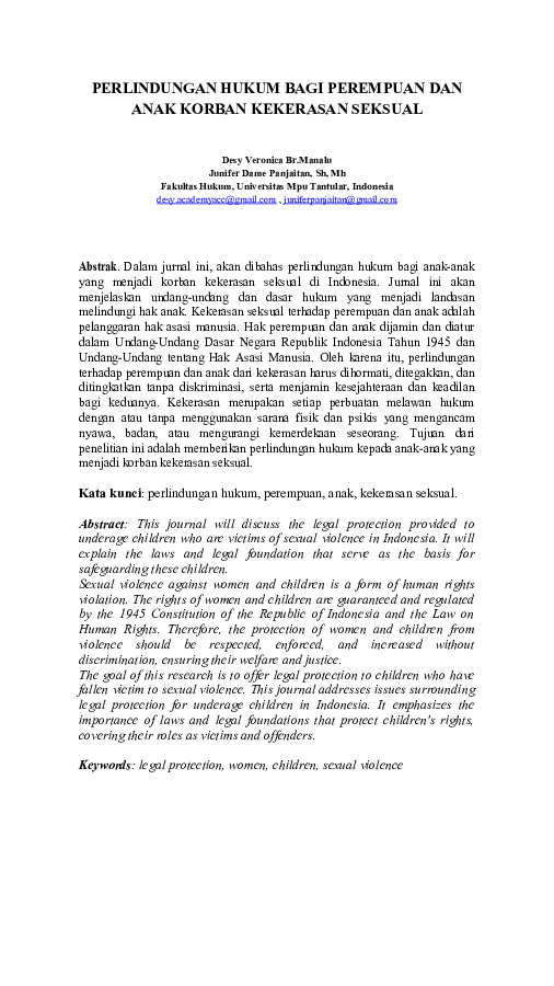 (DOC) PERLINDUNGAN HUKUM BAGI PEREMPUAN DAN ANAK KORBAN KEKERASAN SEKSUAL