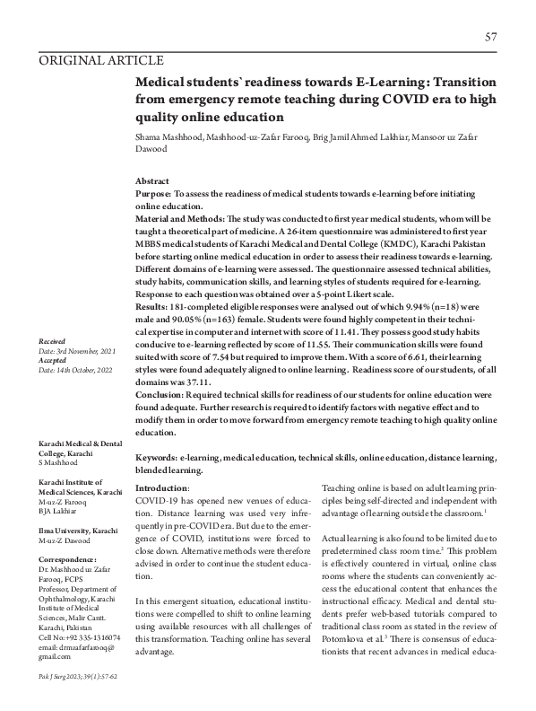 (PDF) Medical students`readiness towards E-Learning: Transition from emergency remote teaching ...
