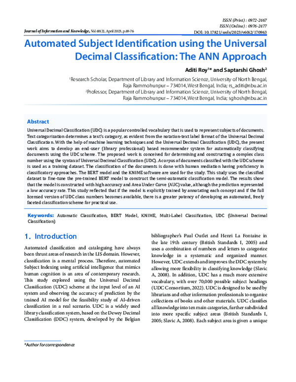 (PDF) Automated Subject Identification using the Universal Decimal Classification: The ANN Approach