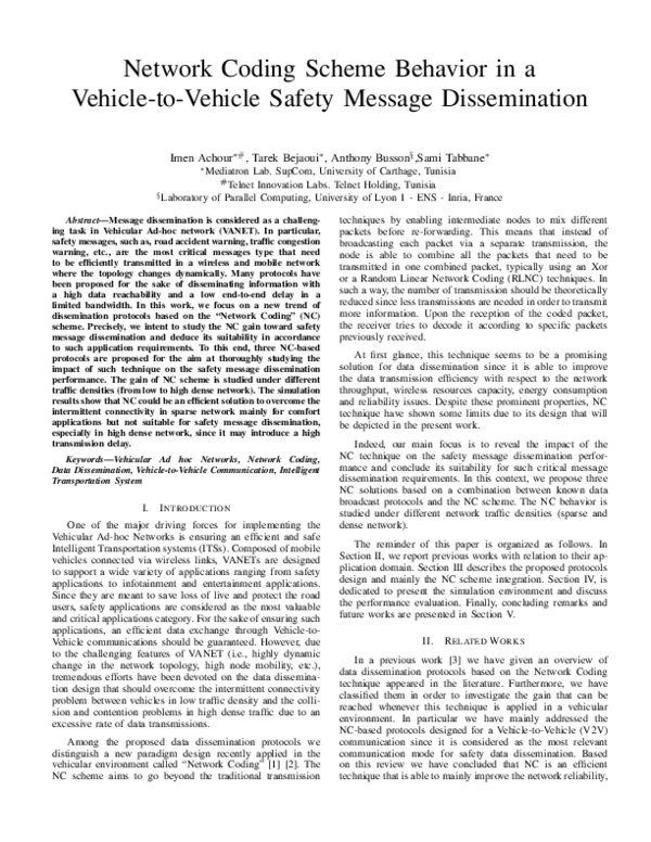 (PDF) Network Coding scheme behavior in a Vehicle-to-Vehicle safety message dissemination | Imen ...