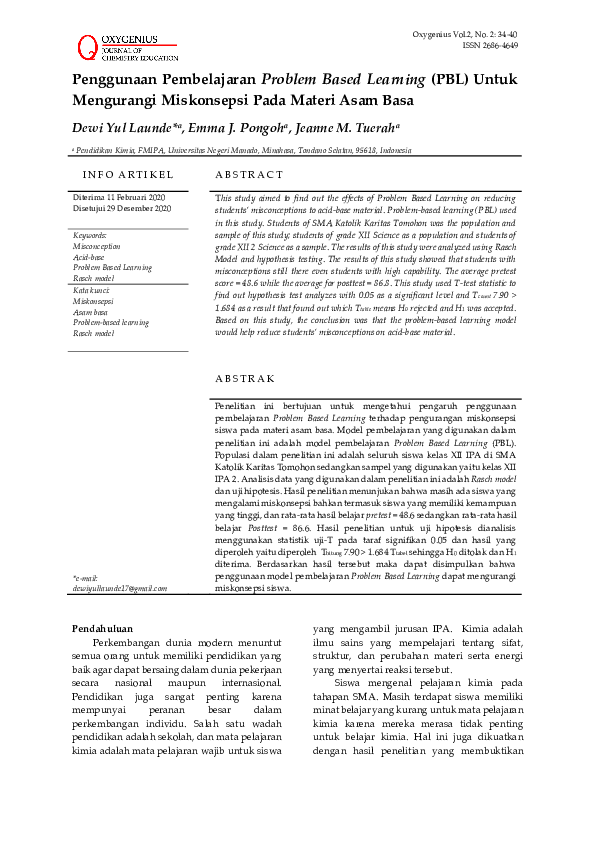 (PDF) Penggunaan Pembelajaran Problem Based Learning (PBL) Untuk Mengurangi Miskonsepsi Pada ...