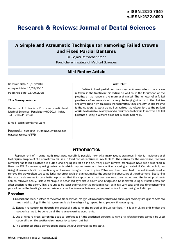 (PDF) A Simple and Atraumatic Technique for Removing Failed Crowns and ...