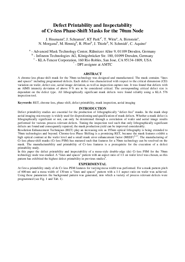 (PDF) Defect printability and inspectability of Cr-less phase-shift ...