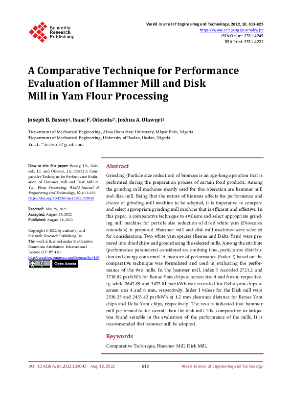 (PDF) A Comparative Technique for Performance Evaluation of Hammer Mill ...