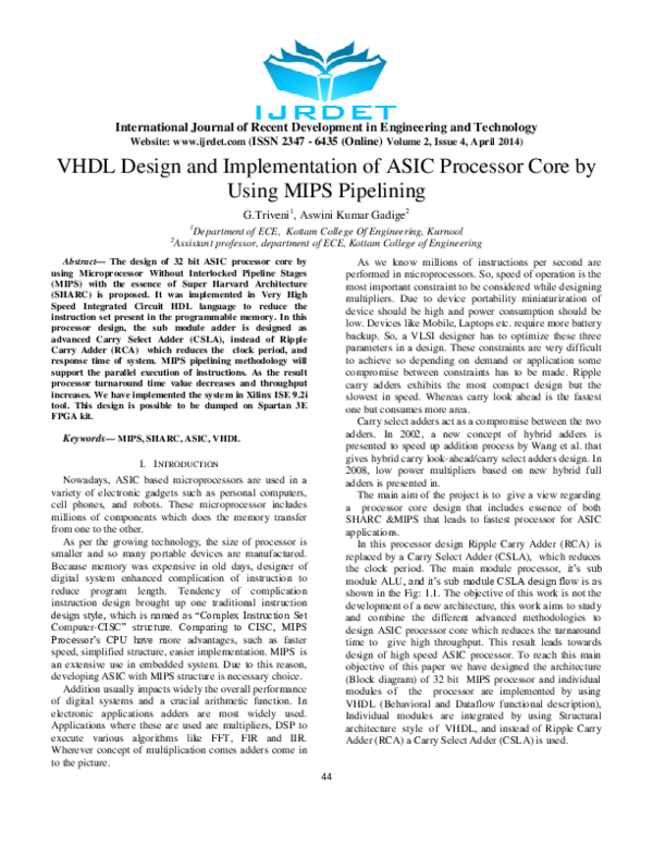 (PDF) VHDL Design and Implementation of ASIC Processor Core by Using MIPS Pipelining