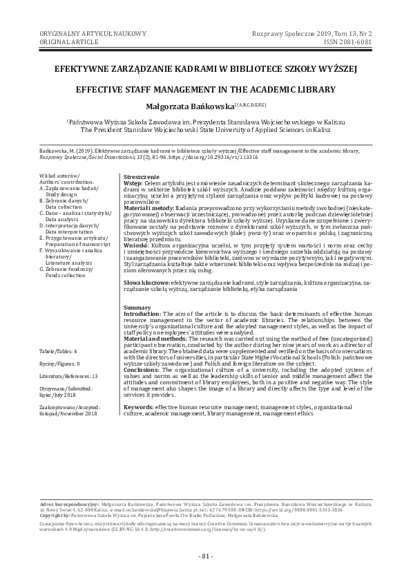 (PDF) Effective staff management in the academic library | Małgorzata ...