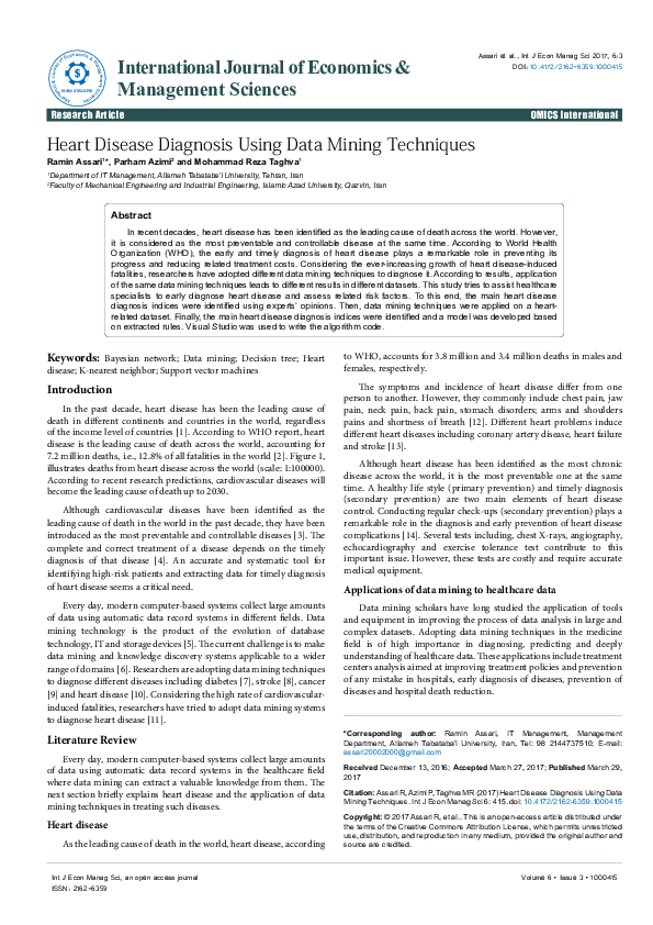 (PDF) Heart Disease Diagnosis Using Data Mining Techniques and a Decision Support System