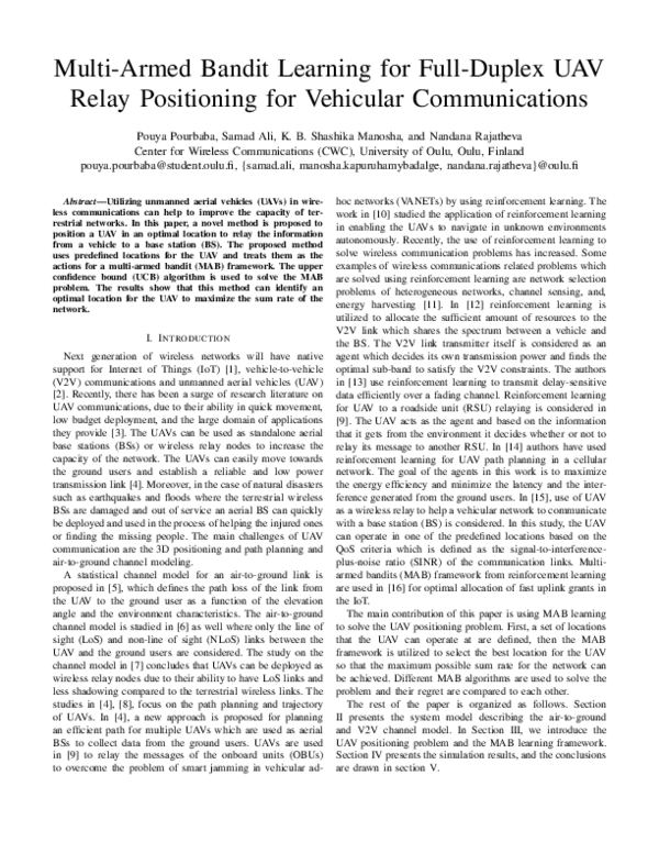 (PDF) UAV Relay Positioning via Multi-Armed Bandits