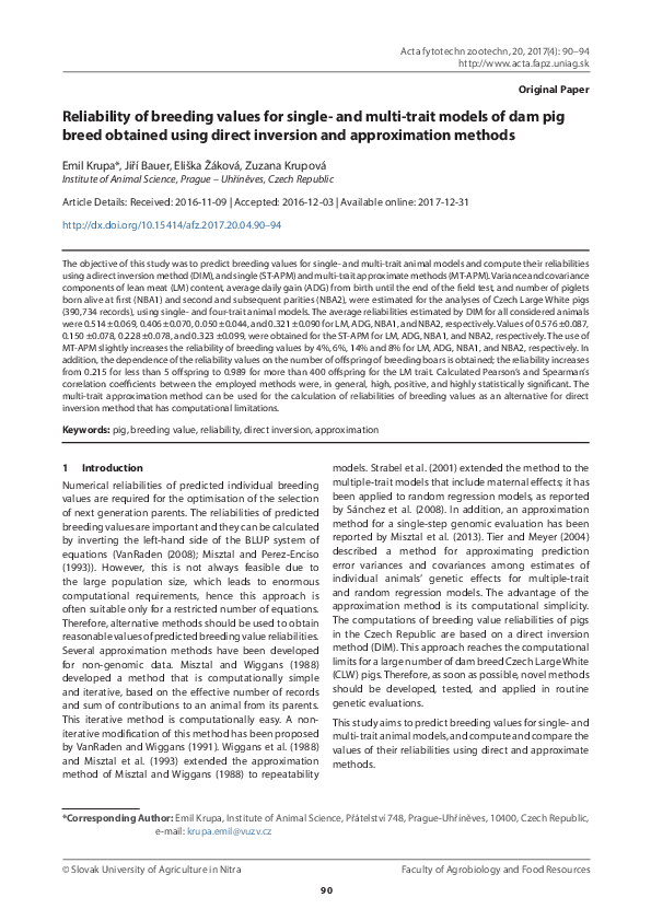 (PDF) Reliability of breeding values for single and multi trait models of dam pig breed by ...