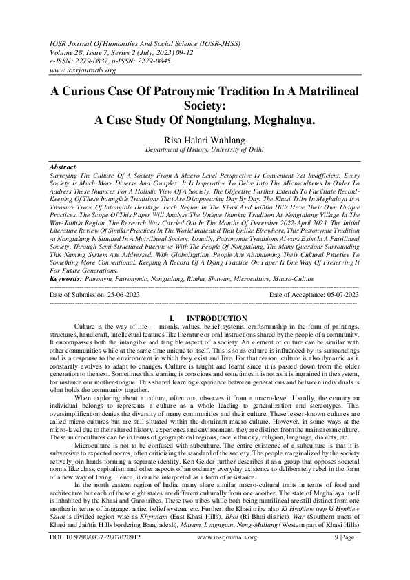 (PDF) A Curious Case Of Patronymic Tradition In A Matrilineal Society ...
