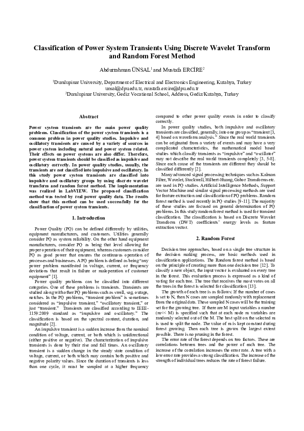 (PDF) Classification of power system transients using discrete wavelet transform and random ...