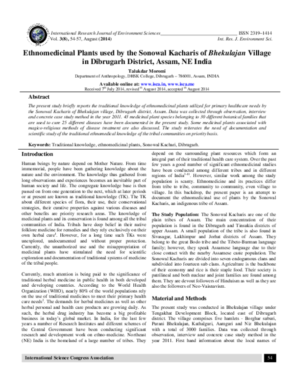 (PDF) Ethnomedicinal Plants used by the Sonowal Kacharis of Bhekulajan Village in Dibrugarh ...