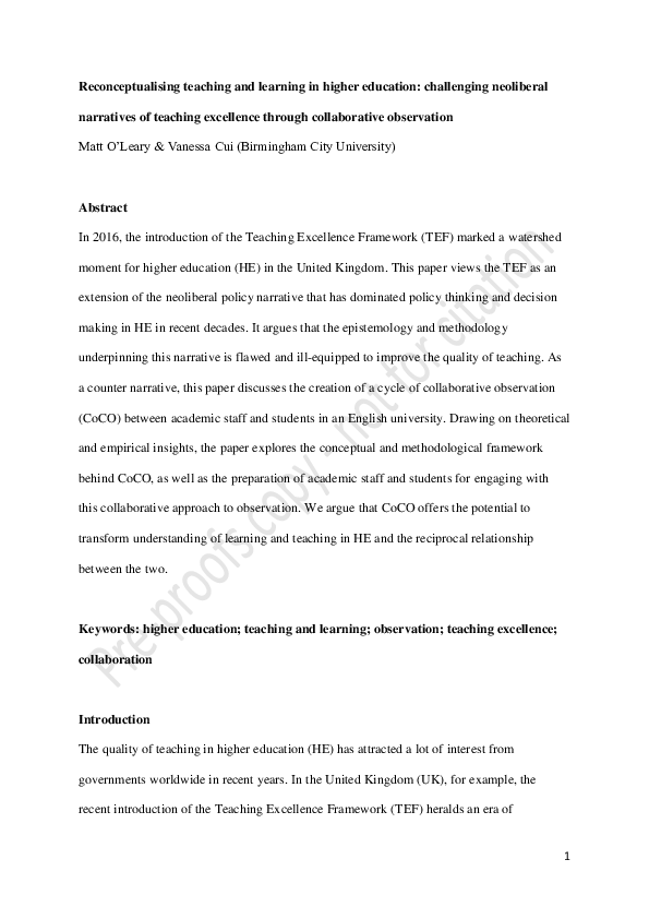 (PDF) Reconceptualising Teaching and learning in higher education ...