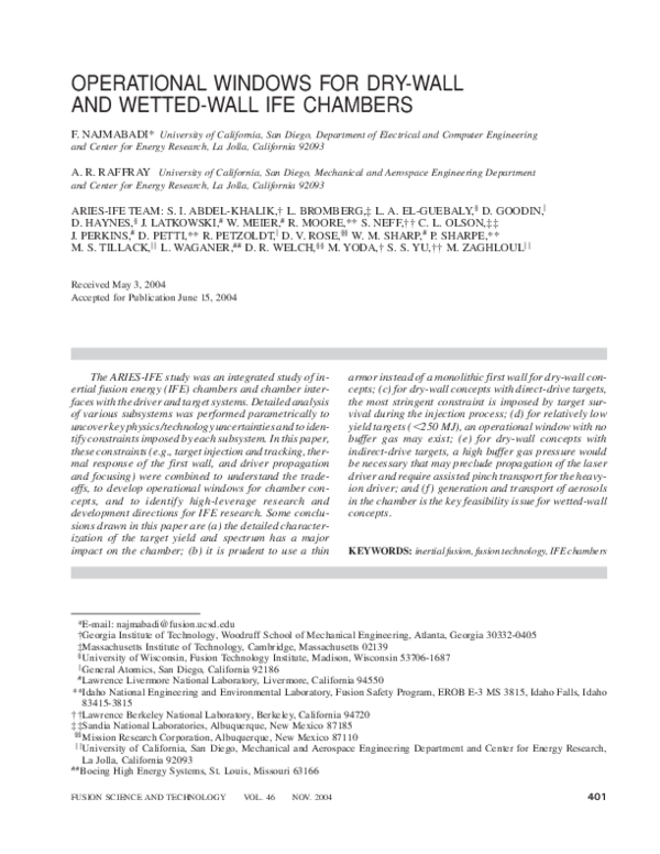 (PDF) Operational Windows for Dry-Wall and Wetted-Wall IFE Chambers