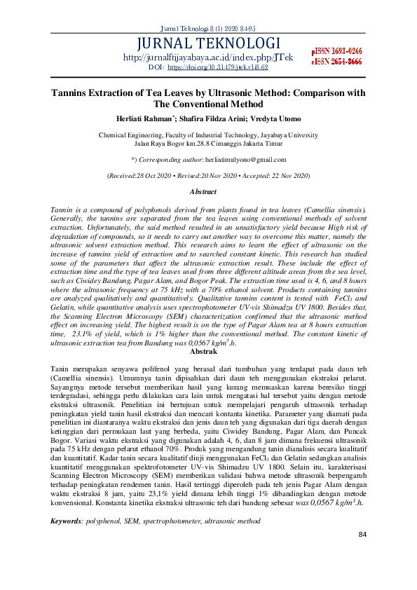 (PDF) Tannins Extraction of Tea Leaves by Ultrasonic Method: Comparison with The Conventional Method
