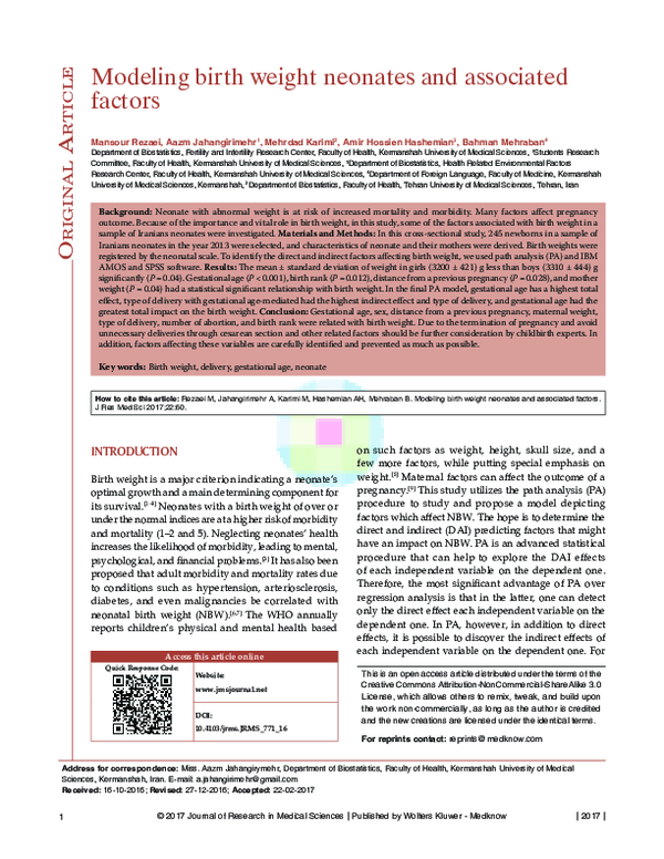 (PDF) Modeling of neonates birth weight and its associated factors