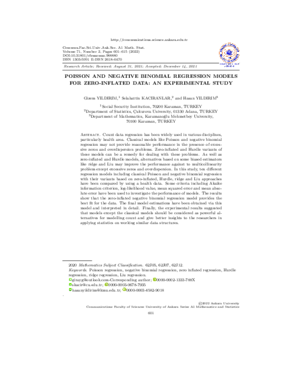 (PDF) Poisson and negative binomial regression models for zero-inflated data: an experimental study