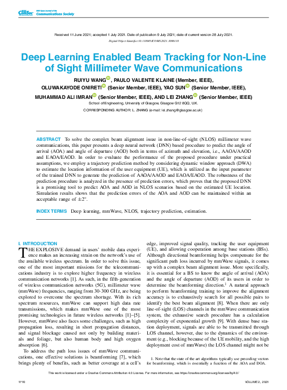 (PDF) Deep Learning Enabled Beam Tracking for Non-Line of Sight Millimeter Wave Communications