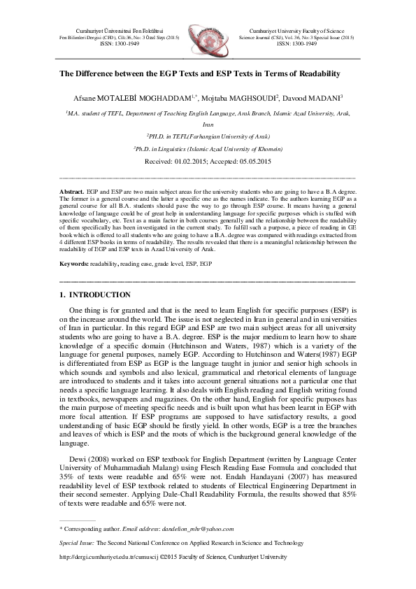 (PDF) The Difference between the EGP Texts and ESP Texts in Terms of Readability