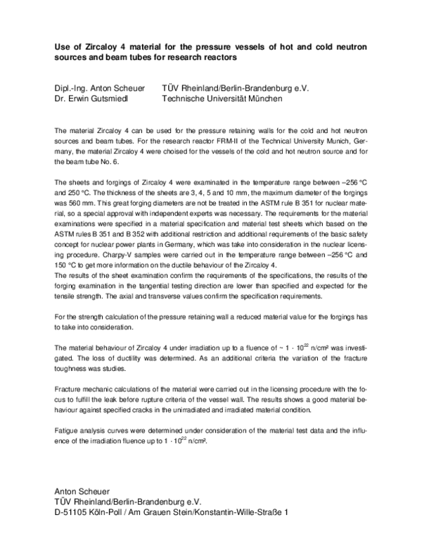 (PDF) Use of Zircaloy 4 material for the pressure vessels of hot and ...