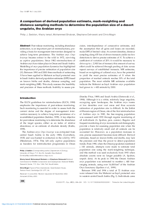 Pdf A Comparison Of Derived Population Estimate Mark Resighting And Distance Sampling Methods