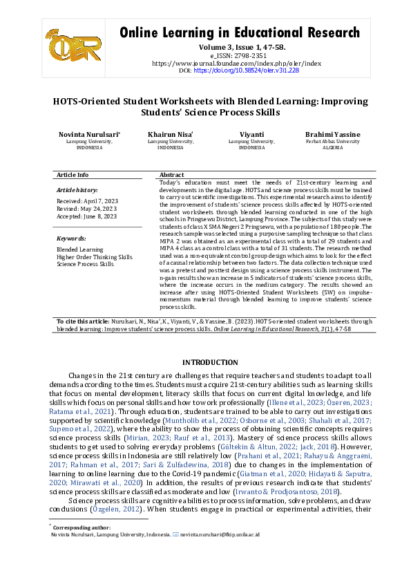 (PDF) HOTS-Oriented Student Worksheets with Blended Learning: Improving Students’ Science ...