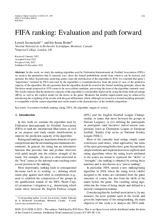 (PDF) FIFA ranking: Evaluation and path forward