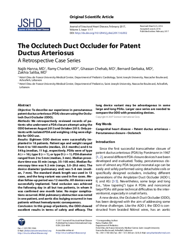 (PDF) Occlutech Duct Occluder for PDA Closure Outcomes