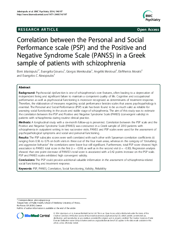 (PDF) Correlation between the Personal and Social Performance scale ...