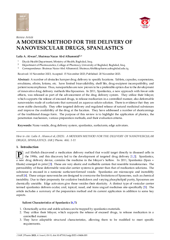 (PDF) A MODERN METHOD FOR THE DELIVERY OF NANOVESICULAR DRUGS, SPANLASTICS