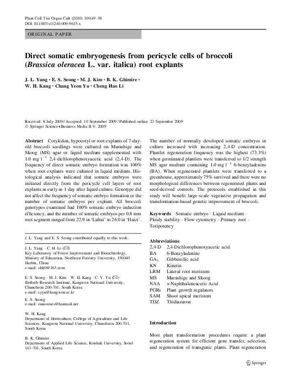 (PDF) Direct somatic embryogenesis from pericycle cells of broccoli ...