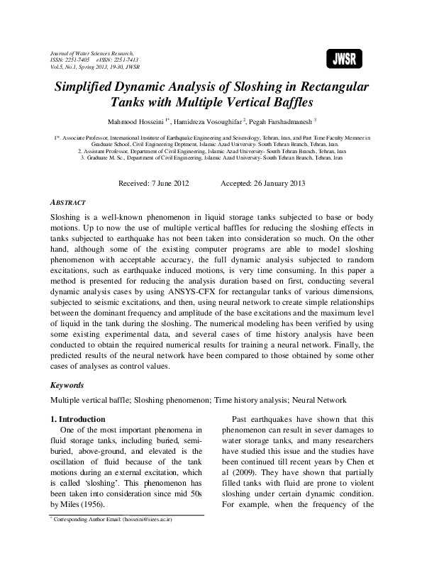 Pdf Simplified Dynamic Analysis Of Sloshing In Rectangular Tanks With Multiple Vertical Baffles