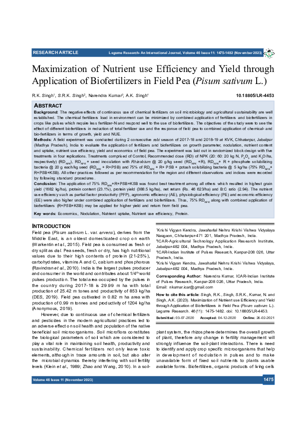 (PDF) Maximization of Nutrient use Efficiency and Yield through Application of Biofertilizers in ...