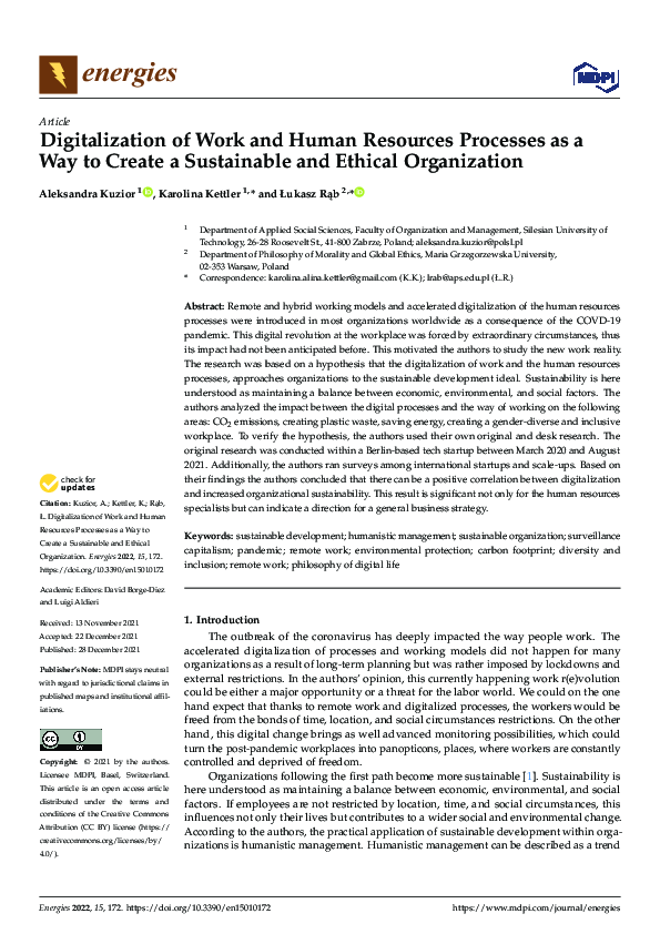 (PDF) Digitalization of Work and Human Resources Processes as a Way to ...