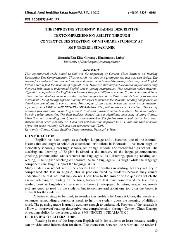 (PDF) The Improving Students’ Reading Descriptive Text Comprehension Ability Through Context ...