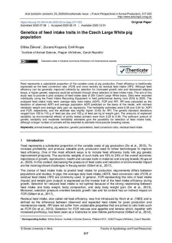 (PDF) Genetics of feed intake traits in Czech Large White pig population