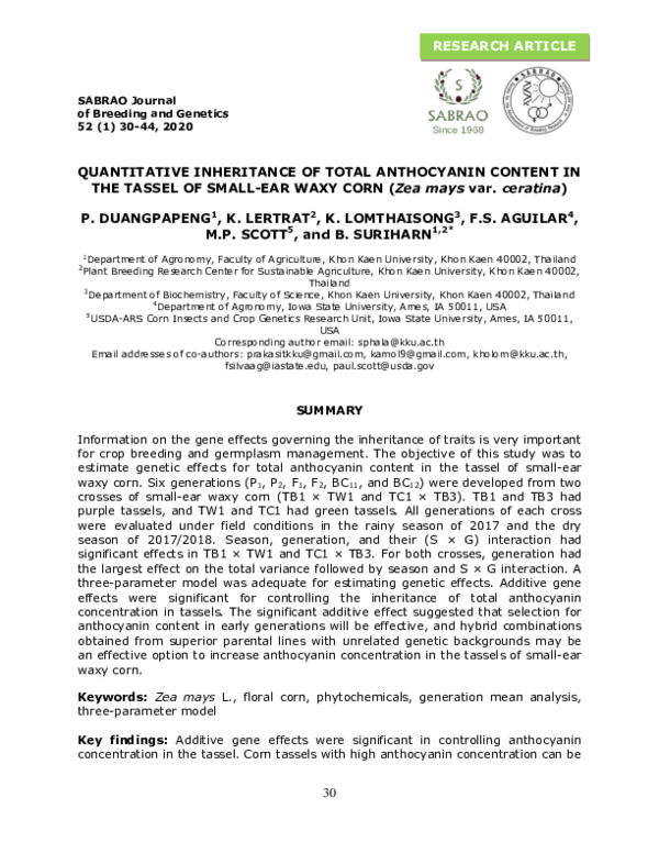 (PDF) Quantitative inheritance of total anthocyanin content in the tassel of small-ear waxy corn ...