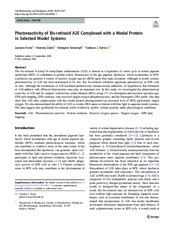 (PDF) Photoreactivity of Bis-retinoid A2E Complexed with a Model ...
