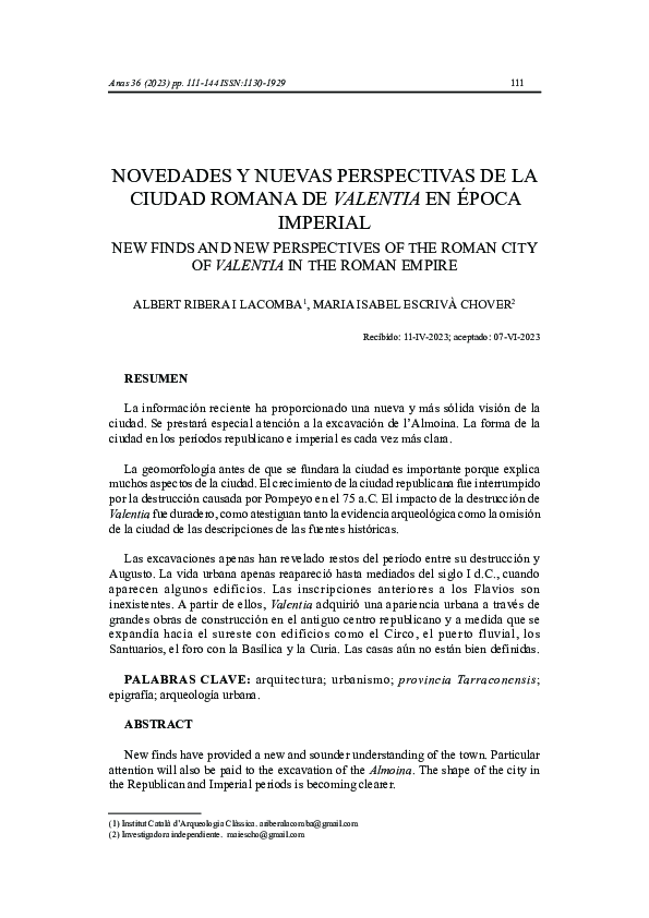 (PDF) NOVEDADES Y NUEVAS PERSPECTIVAS DE LA CIUDAD ROMANA DE VALENTIA ...