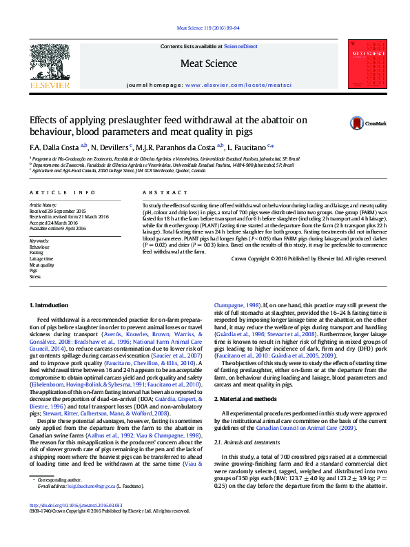 (PDF) Effects of applying preslaughter feed withdrawal at the abattoir ...