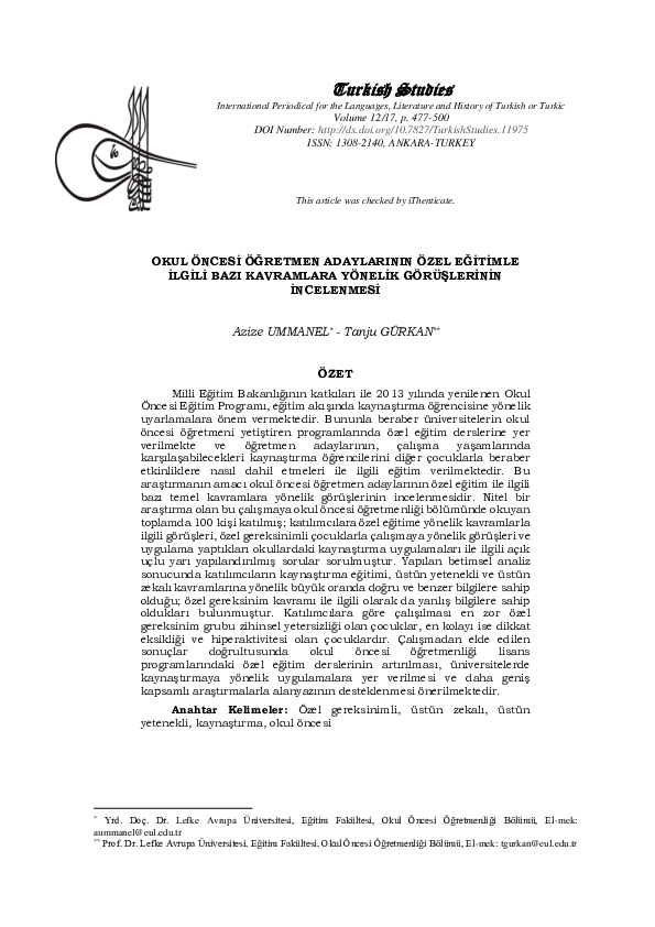 (PDF) Okul Öncesi Öğretmen Adaylarının Özel Eğitimle İlgili Bazı Kavramlara Yönelik Gö