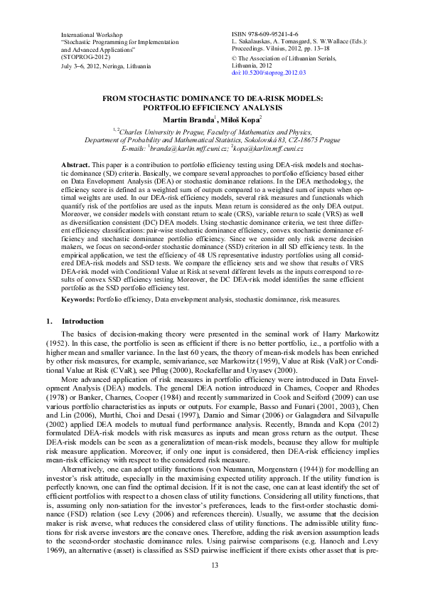 (PDF) From Stochastic Dominance to Dea-Risk Models: Portfolio Efficiency Analysis