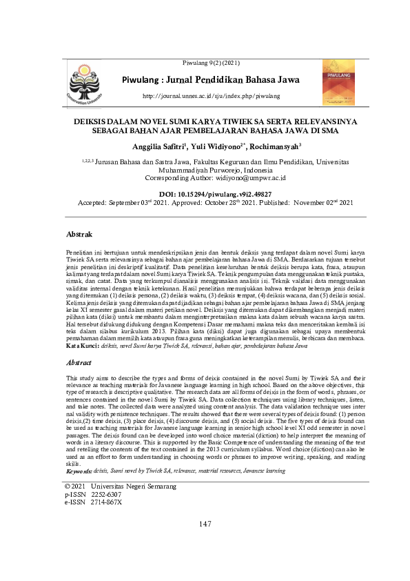 (PDF) Deiksis dalam Novel Sumi karya Tiwiek SA serta Relevansinya sebagai Bahan Ajar ...