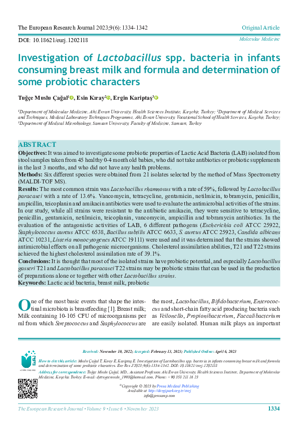 (PDF) Investigation of Lactobacillus spp. bacteria in infants consuming breast milk and formula ...