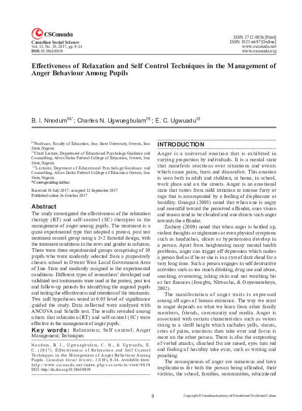 (PDF) Effectiveness of Relaxation and Self Control Techniques in the ...