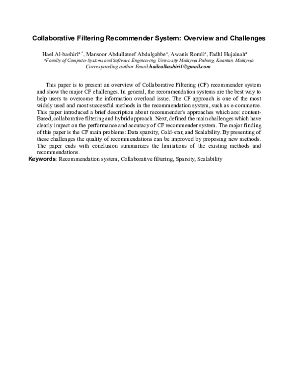 (PDF) Collaborative Filtering Recommender System: Overview and Challenges